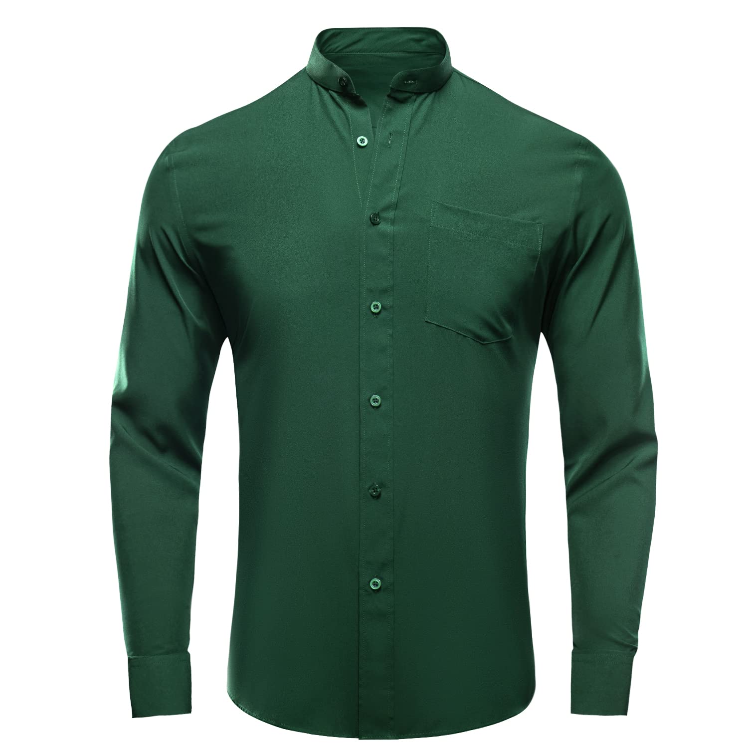 Hi-Tie Forest Green Solid Banded Collar Dress Shirts for Men 4 Way Stretch Long Sleeve Wrinkle-Free Shirts with Pocket Regular Fit Button Down