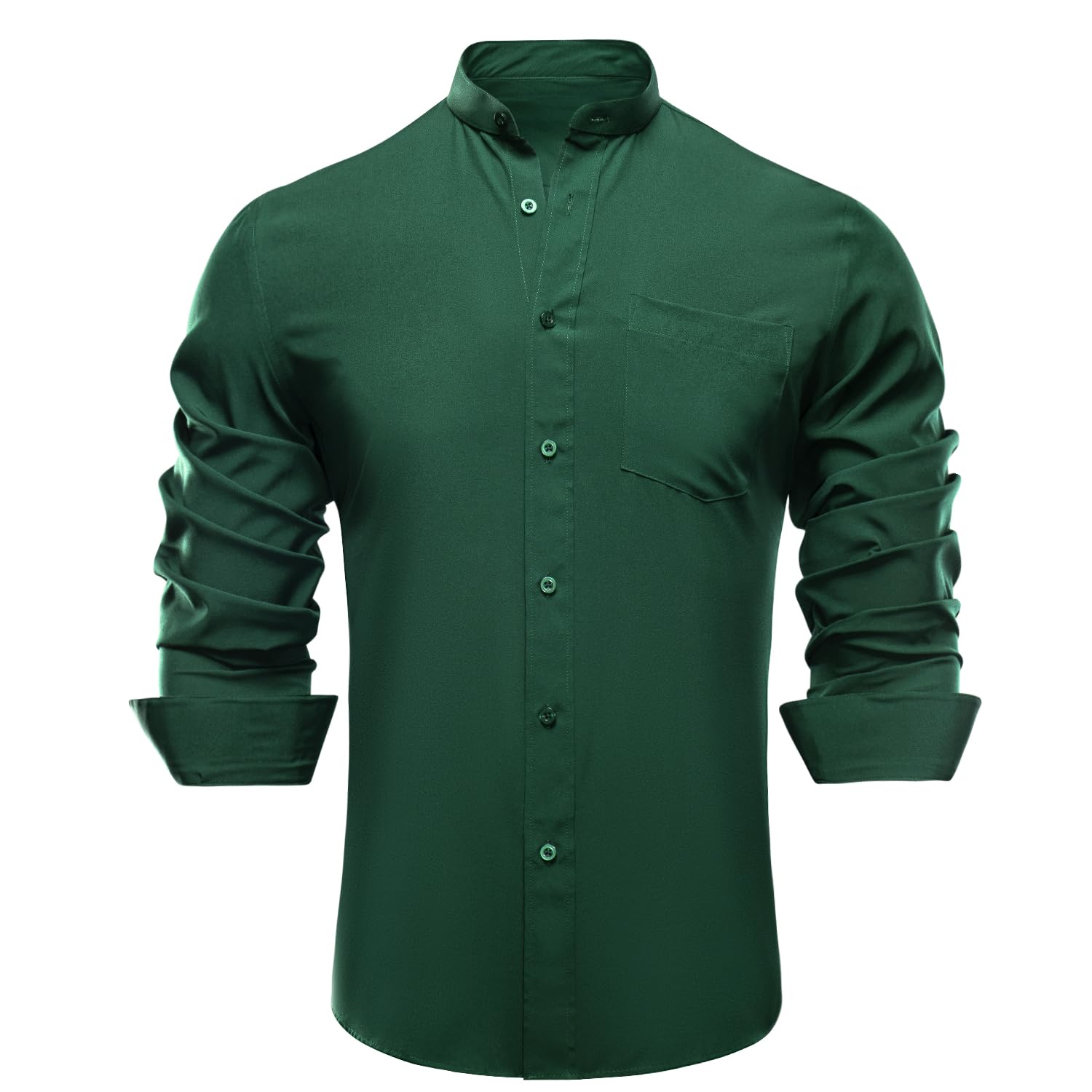 Hi-Tie Forest Green Solid Banded Collar Dress Shirts for Men 4 Way Stretch Long Sleeve Wrinkle-Free Shirts with Pocket Regular Fit Button Down