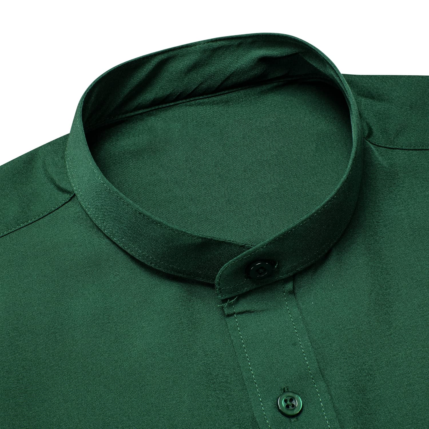 Hi-Tie Forest Green Solid Banded Collar Dress Shirts for Men 4 Way Stretch Long Sleeve Wrinkle-Free Shirts with Pocket Regular Fit Button Down