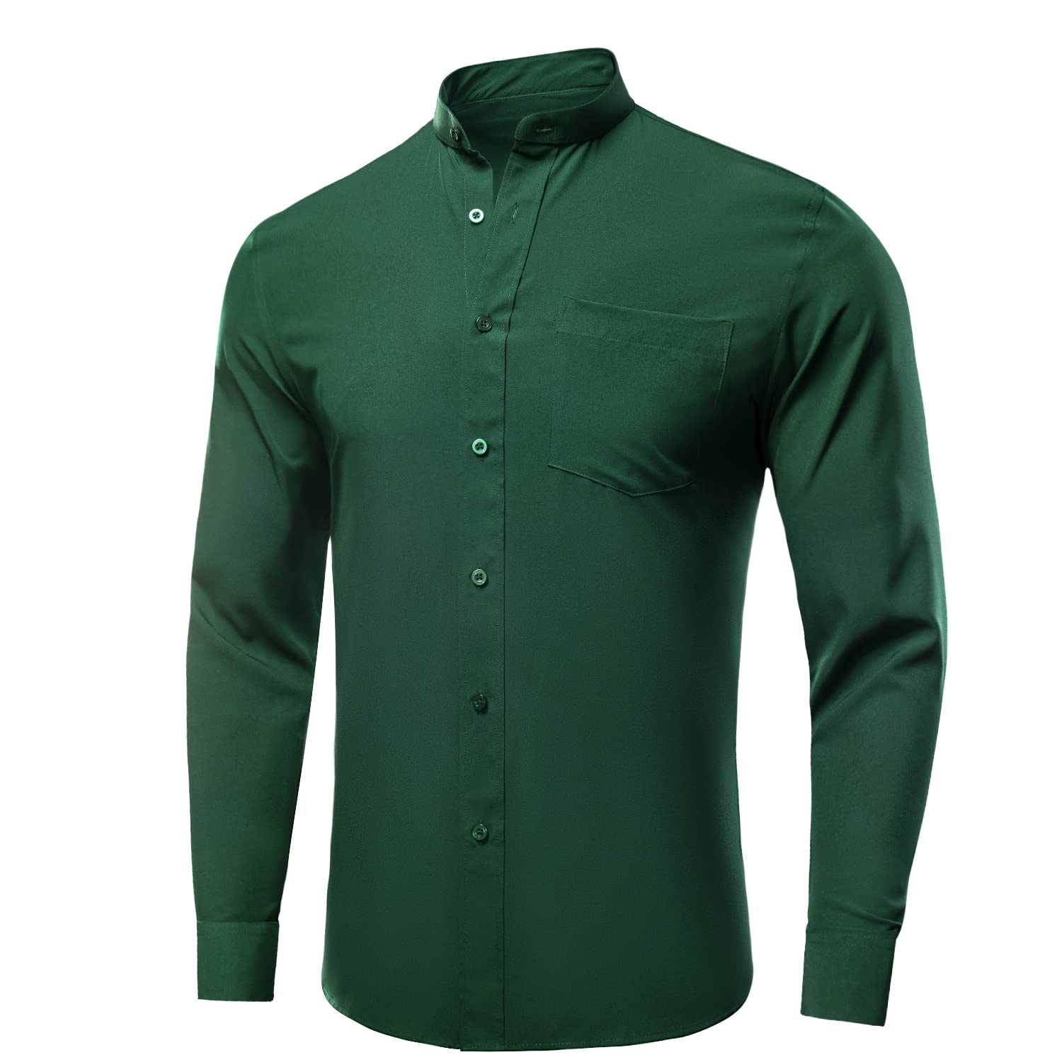 Hi-Tie Forest Green Solid Banded Collar Dress Shirts for Men 4 Way Stretch Long Sleeve Wrinkle-Free Shirts with Pocket Regular Fit Button Down