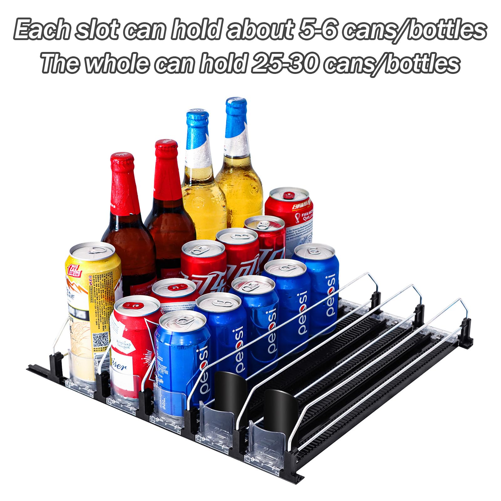 SoQte Drink Organizer for Fridge, Self-Pushing Soda Can Organizer, Width Ajustable Bottle Can Organizer, Large Capacity Drink Organizer, for Pantry, Fridge and Vending Machine