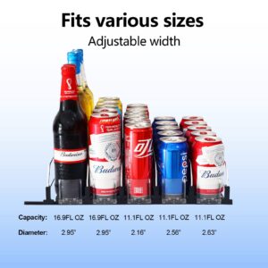 SoQte Drink Organizer for Fridge, Self-Pushing Soda Can Organizer, Width Ajustable Bottle Can Organizer, Large Capacity Drink Organizer, for Pantry, Fridge and Vending Machine