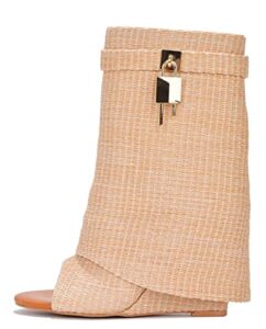 cape robbin betterworld nude wedge heel rounded open toe lock accent ankle boots