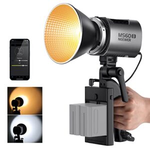 neewer ms60b led video light 2.4g/app control, 65w metal mini compact cob continuous output lighting spotlight 2700k-6500k, 40000lux@1m, cri 97+/tlci 98+, 12 effects, pwm dimming, bowens mount, silver