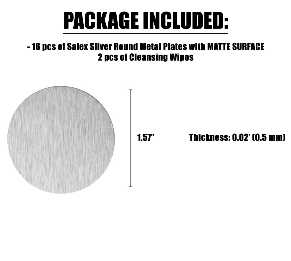 SALEX Phone Metal Stickers for Magnetic Mount. Replacement Set of 16 Magnet Metal Plates Inside Cell Phone Case. Silver Car Sticky Small Round Iron Discs with 3M Adhesive Backing for Holder, Crafts.