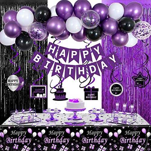 Birthday Party Decorations for Women Purple and Black, Happy Birthday Decorations for Women Girls Party Decoration Balloons Tablecloth Arch Kit White Confetti Balloon Foil Fringe Curtains Table Cover