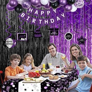 Birthday Party Decorations for Women Purple and Black, Happy Birthday Decorations for Women Girls Party Decoration Balloons Tablecloth Arch Kit White Confetti Balloon Foil Fringe Curtains Table Cover