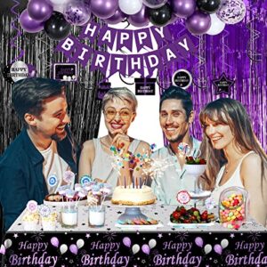 Birthday Party Decorations for Women Purple and Black, Happy Birthday Decorations for Women Girls Party Decoration Balloons Tablecloth Arch Kit White Confetti Balloon Foil Fringe Curtains Table Cover