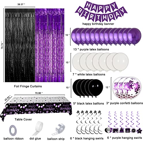 Birthday Party Decorations for Women Purple and Black, Happy Birthday Decorations for Women Girls Party Decoration Balloons Tablecloth Arch Kit White Confetti Balloon Foil Fringe Curtains Table Cover