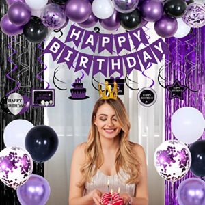 Birthday Party Decorations for Women Purple and Black, Happy Birthday Decorations for Women Girls Party Decoration Balloons Tablecloth Arch Kit White Confetti Balloon Foil Fringe Curtains Table Cover