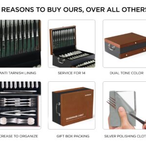 Silverware Storage Box Flatware Storage Case with Dual Tone Wooden Finish Drawer and Tarnish Proof Felt Lining to Store Sterling Silver Ware Cutlery Sets 15x11 Inch Size Service for 14