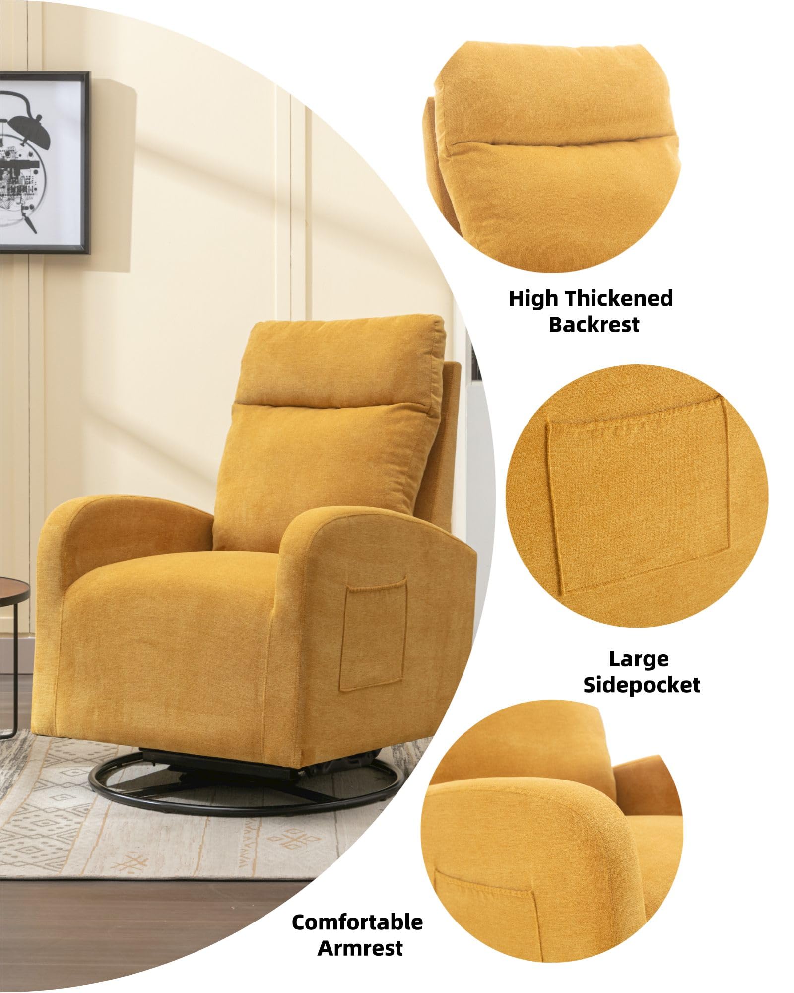 Luccalily Swivel Rocking Chair for Nursery, Upholstered Glider Nursery Chair with Breathable Fabric for Bedroom, Living Room, Yellow