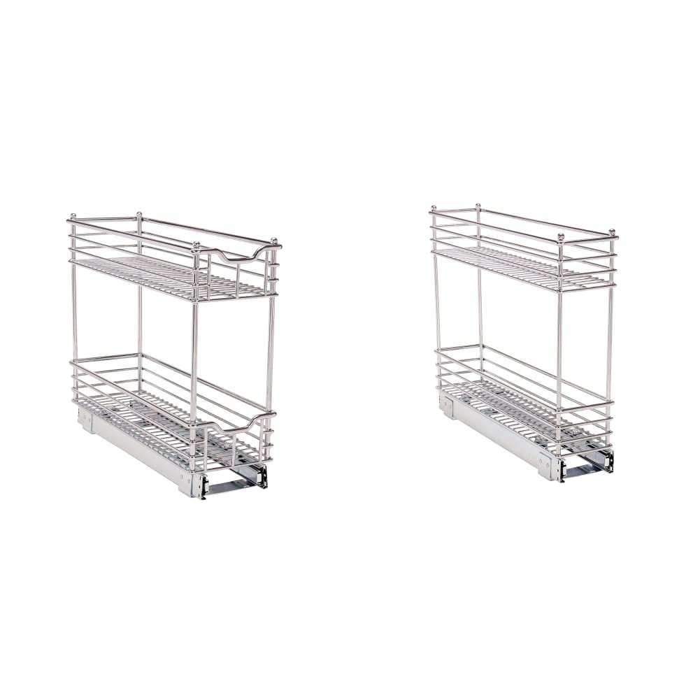 Household Essentials Narrow Sliding Cabinet Organizers (7" and 5"), Two Tier Chrome Organizers, Great for Slim Kitchen and Bathroom Cabinets