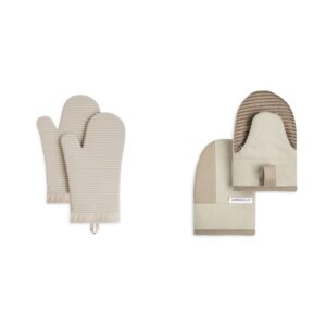 kitchenaid ribbed soft silicone oven mitt set, 7"x13", milkshake 2 count & beacon two-tone non-slip mini oven mitt set, milkshake/beige, 5.5"x8", 2 piece