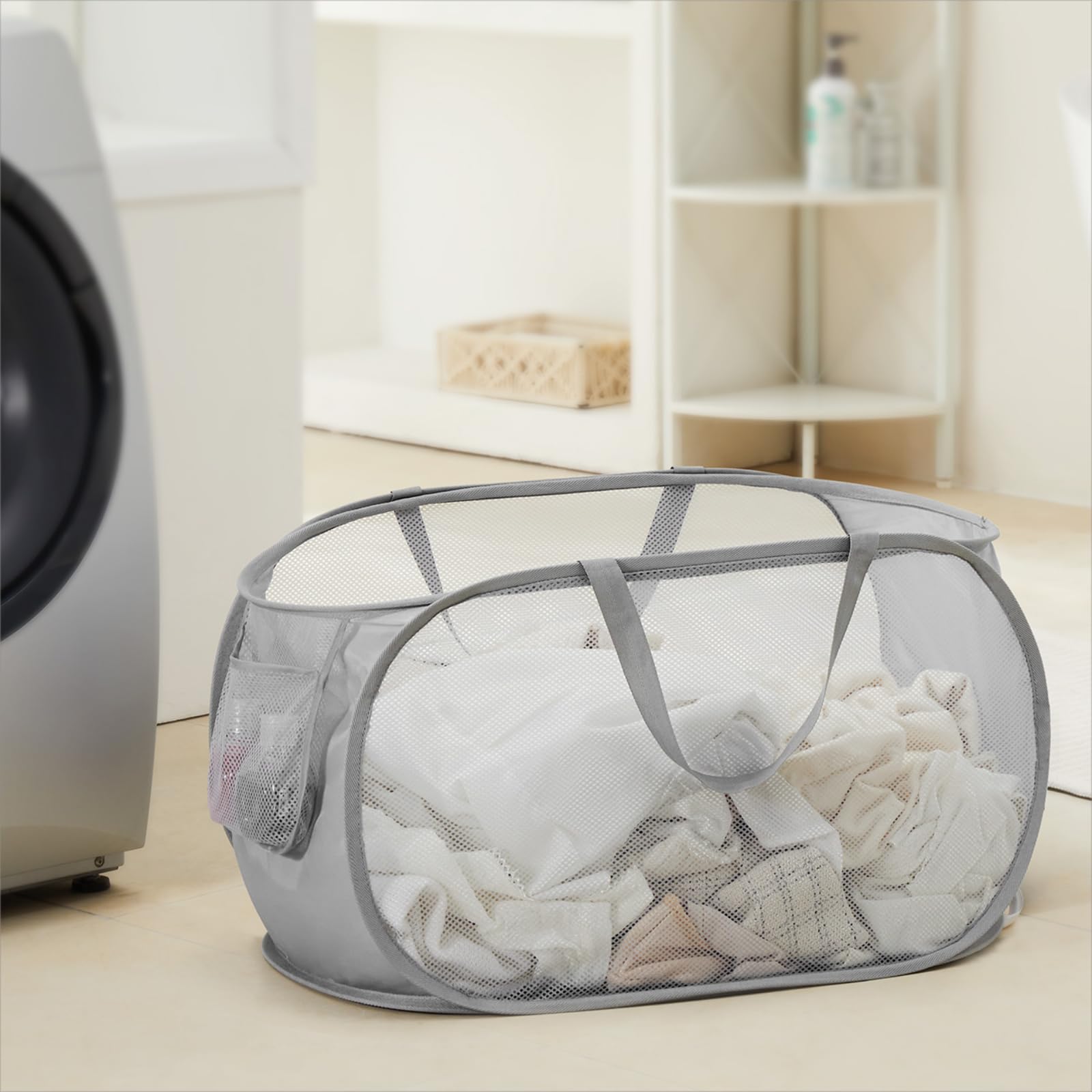 Mesh Pop Up Laundry Basket with Strong Handles, Large Opening Collapsible Clothes Hampers, Portable & Easy for Use (1 Pack, Grey)