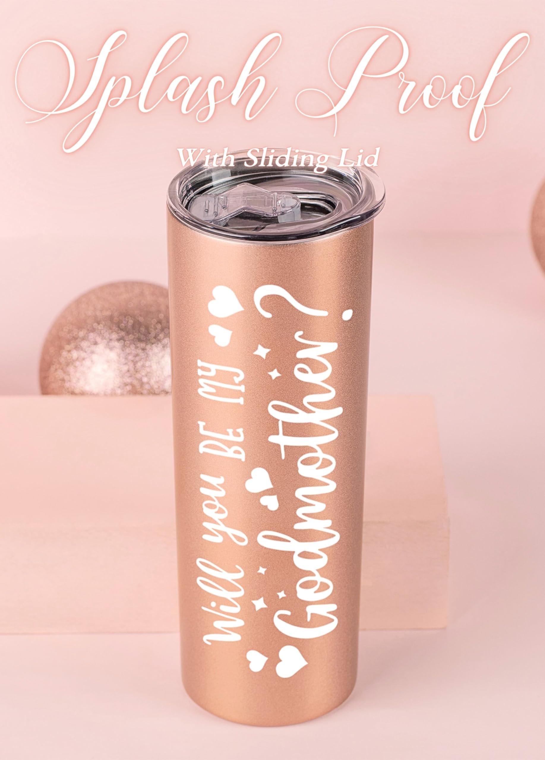 Onebttl Godmother Gifts, Mothers Day Gifts for Godmother, 20 oz Skinny Stainless Steel Tumbler Travel Mug for Best Friend, Aunt, Sister, Best Godmother Ever Rose Gold