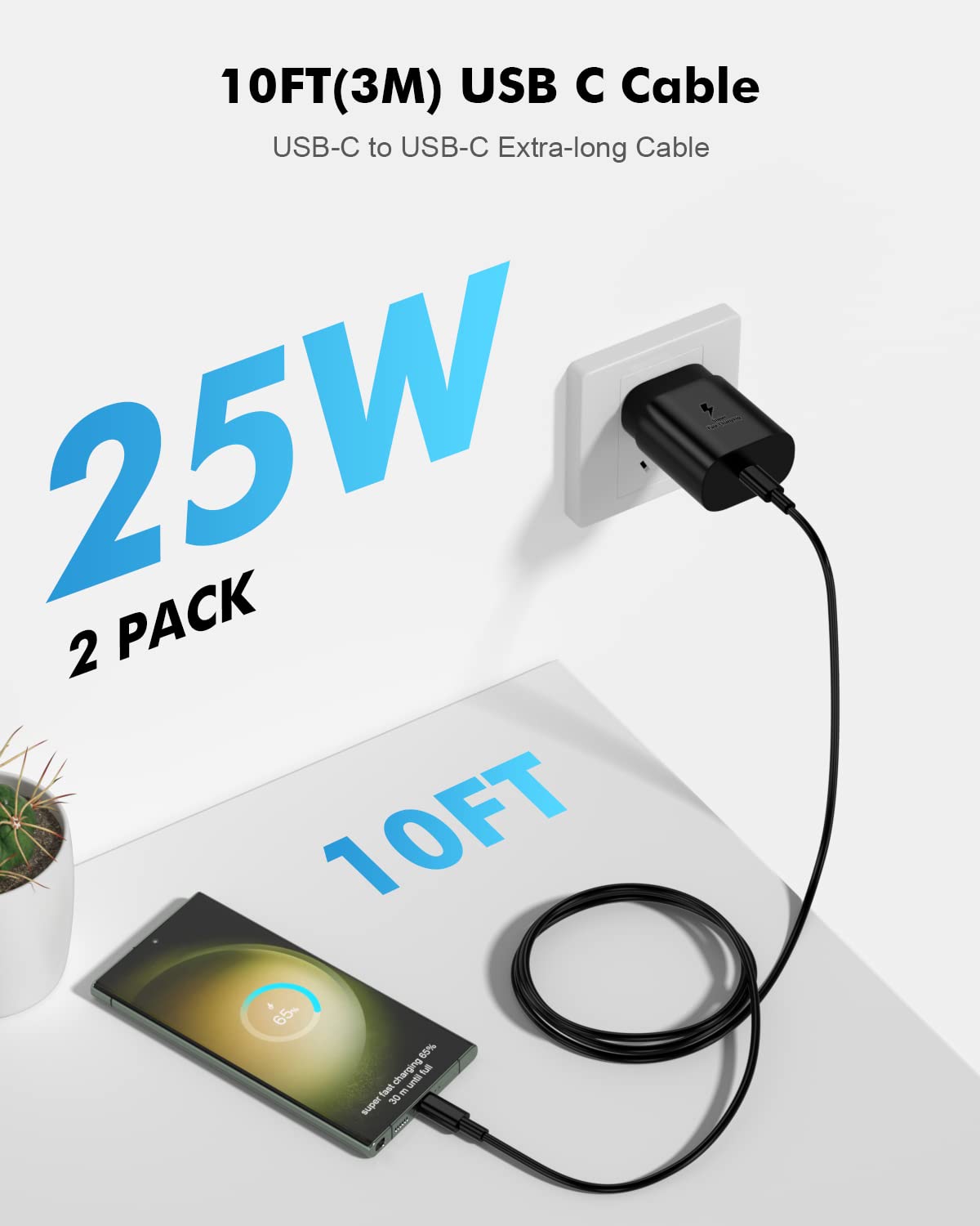 25W Fast Charge Type C Samsung Super Fast Charging 2 Pack with 10FT USB C Cable Charger for Samsung Galaxy S23 Ultra Charger S23/S23+/S22 Ultra/S22+/S22/S21/S20/Z Fold 4,3/Z Flip 4,3 S10/S9/S8