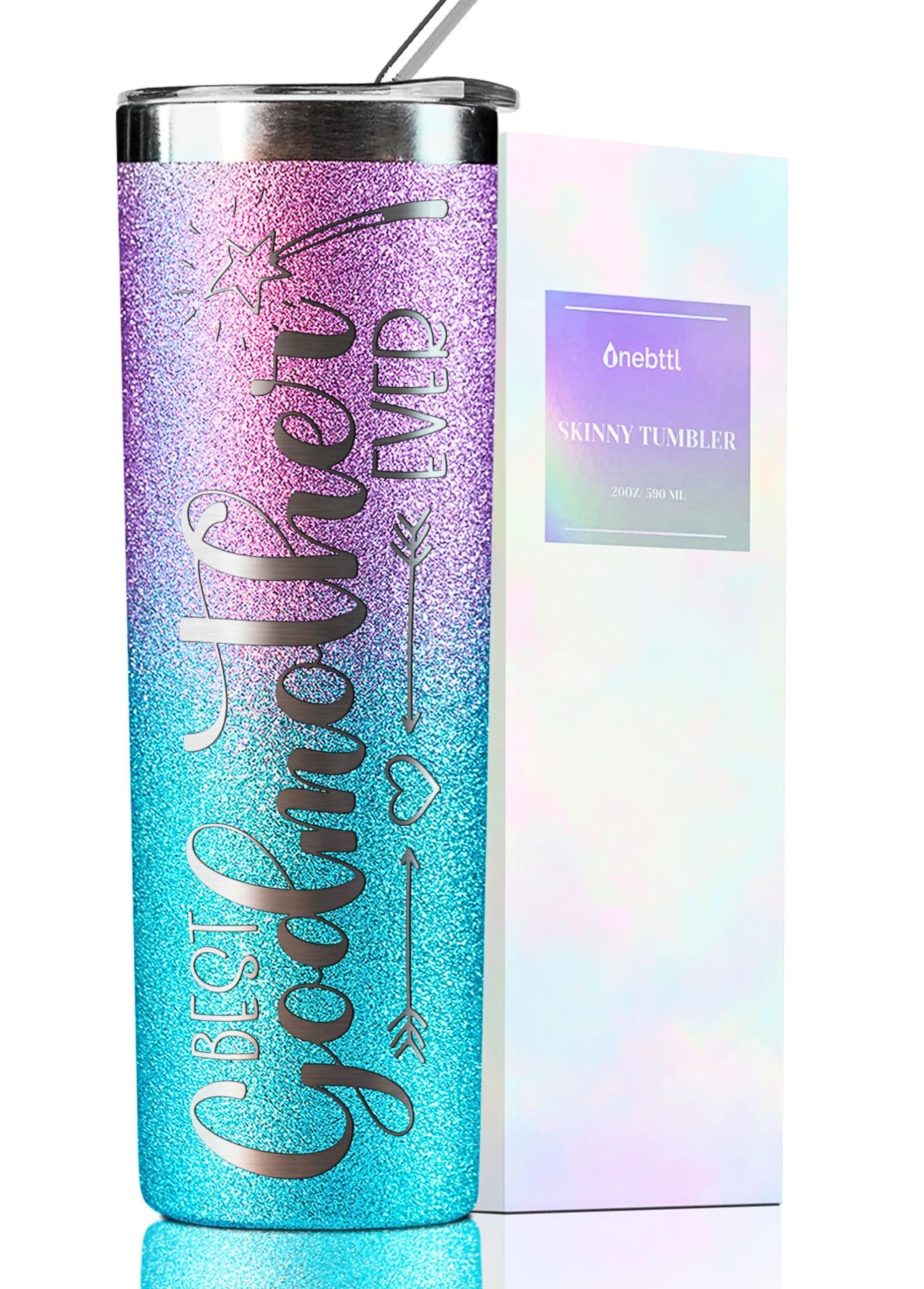 Onebttl Godmother Gifts, Mothers Day Gifts for Godmother, 20 oz Skinny Stainless Steel Tumbler Travel Mug for Best Friend, Aunt, Sister, Best Godmother Ever Glitter Blue Purple