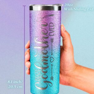 Onebttl Godmother Gifts, Mothers Day Gifts for Godmother, 20 oz Skinny Stainless Steel Tumbler Travel Mug for Best Friend, Aunt, Sister, Best Godmother Ever Glitter Blue Purple