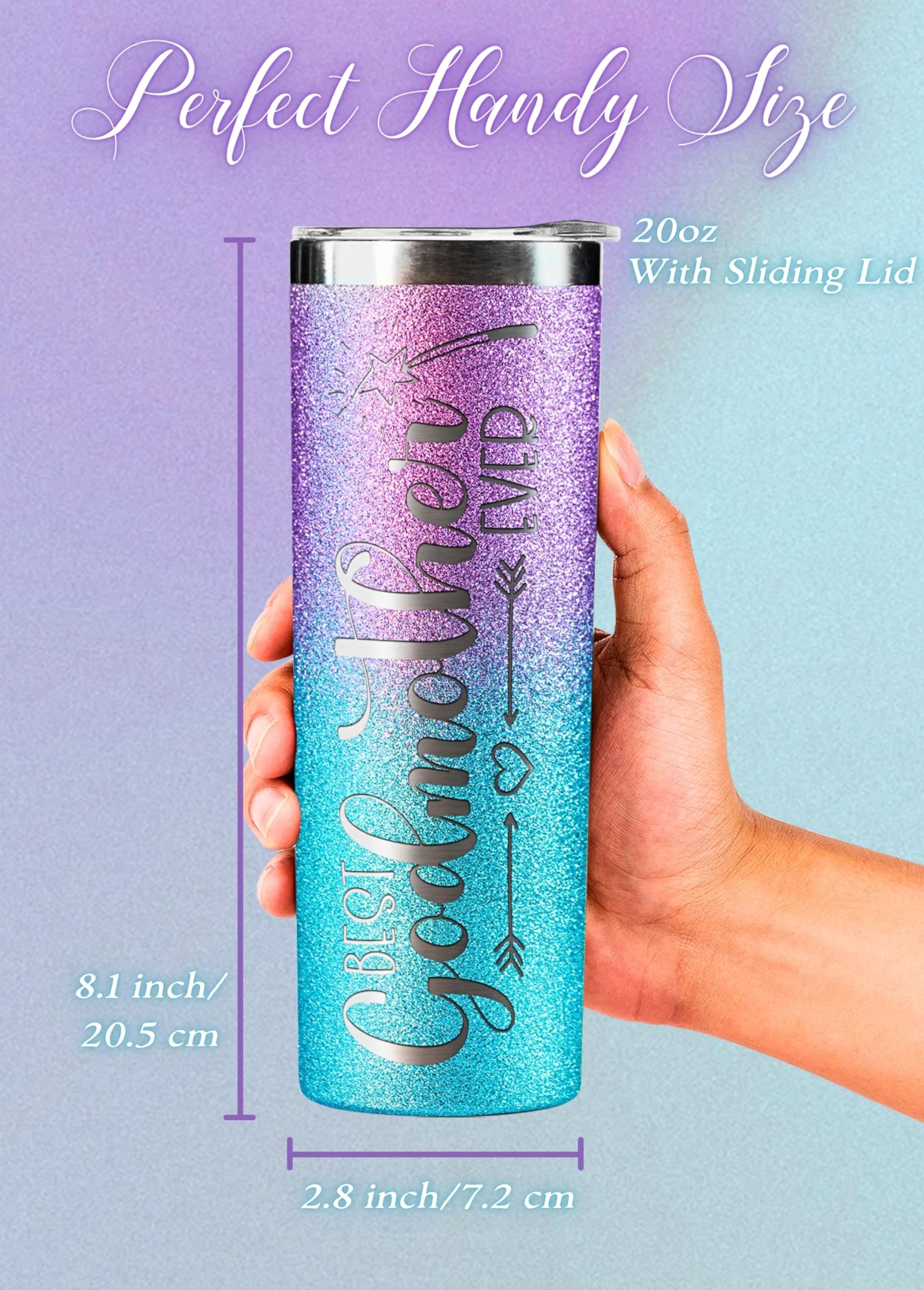 Onebttl Godmother Gifts, Mothers Day Gifts for Godmother, 20 oz Skinny Stainless Steel Tumbler Travel Mug for Best Friend, Aunt, Sister, Best Godmother Ever Glitter Blue Purple