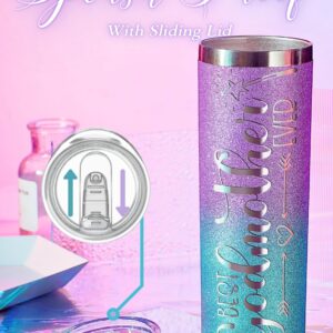 Onebttl Godmother Gifts, Mothers Day Gifts for Godmother, 20 oz Skinny Stainless Steel Tumbler Travel Mug for Best Friend, Aunt, Sister, Best Godmother Ever Glitter Blue Purple