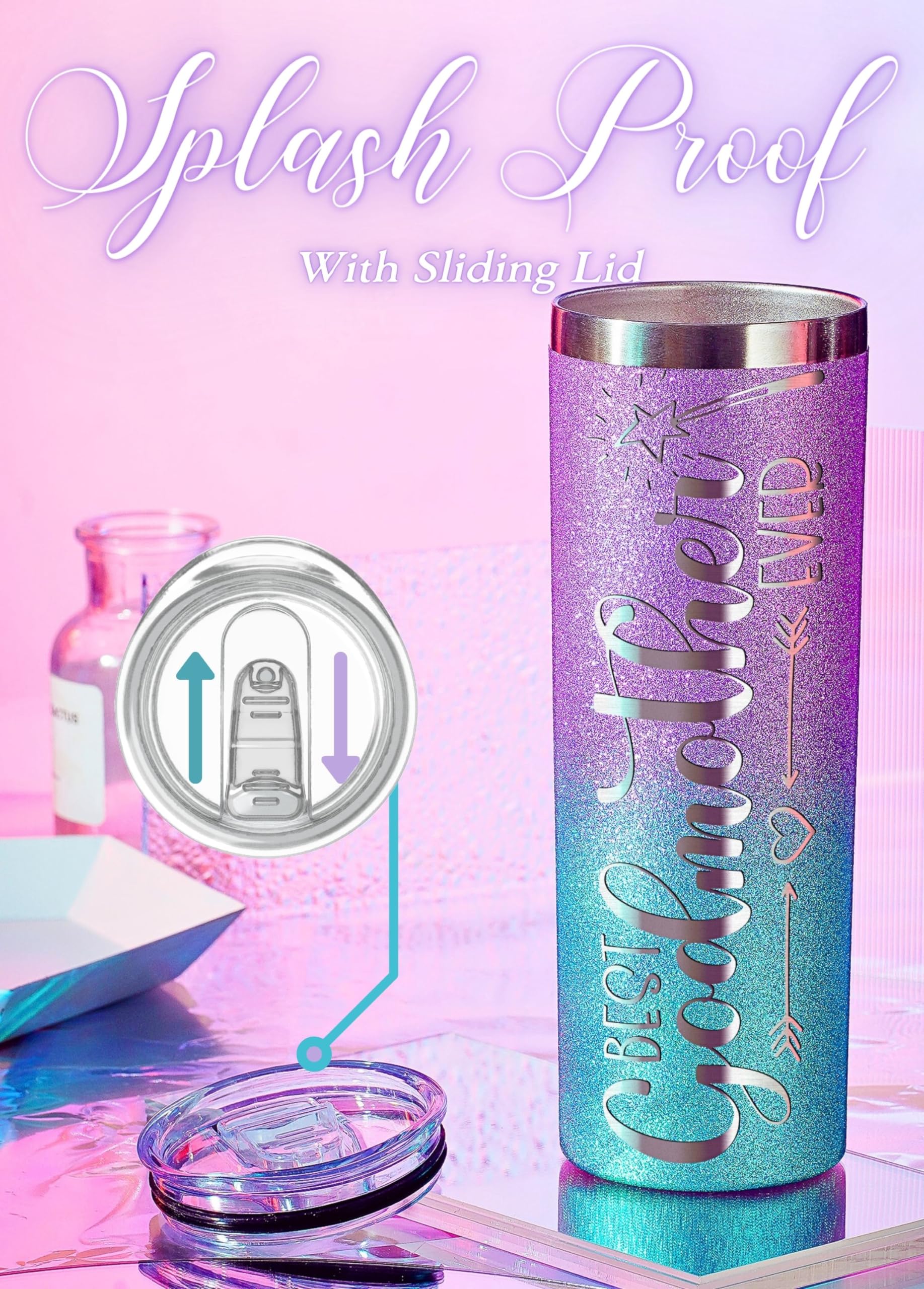 Onebttl Godmother Gifts, Mothers Day Gifts for Godmother, 20 oz Skinny Stainless Steel Tumbler Travel Mug for Best Friend, Aunt, Sister, Best Godmother Ever Glitter Blue Purple