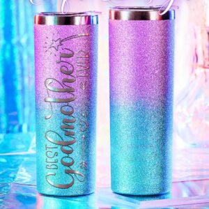 Onebttl Godmother Gifts, Mothers Day Gifts for Godmother, 20 oz Skinny Stainless Steel Tumbler Travel Mug for Best Friend, Aunt, Sister, Best Godmother Ever Glitter Blue Purple