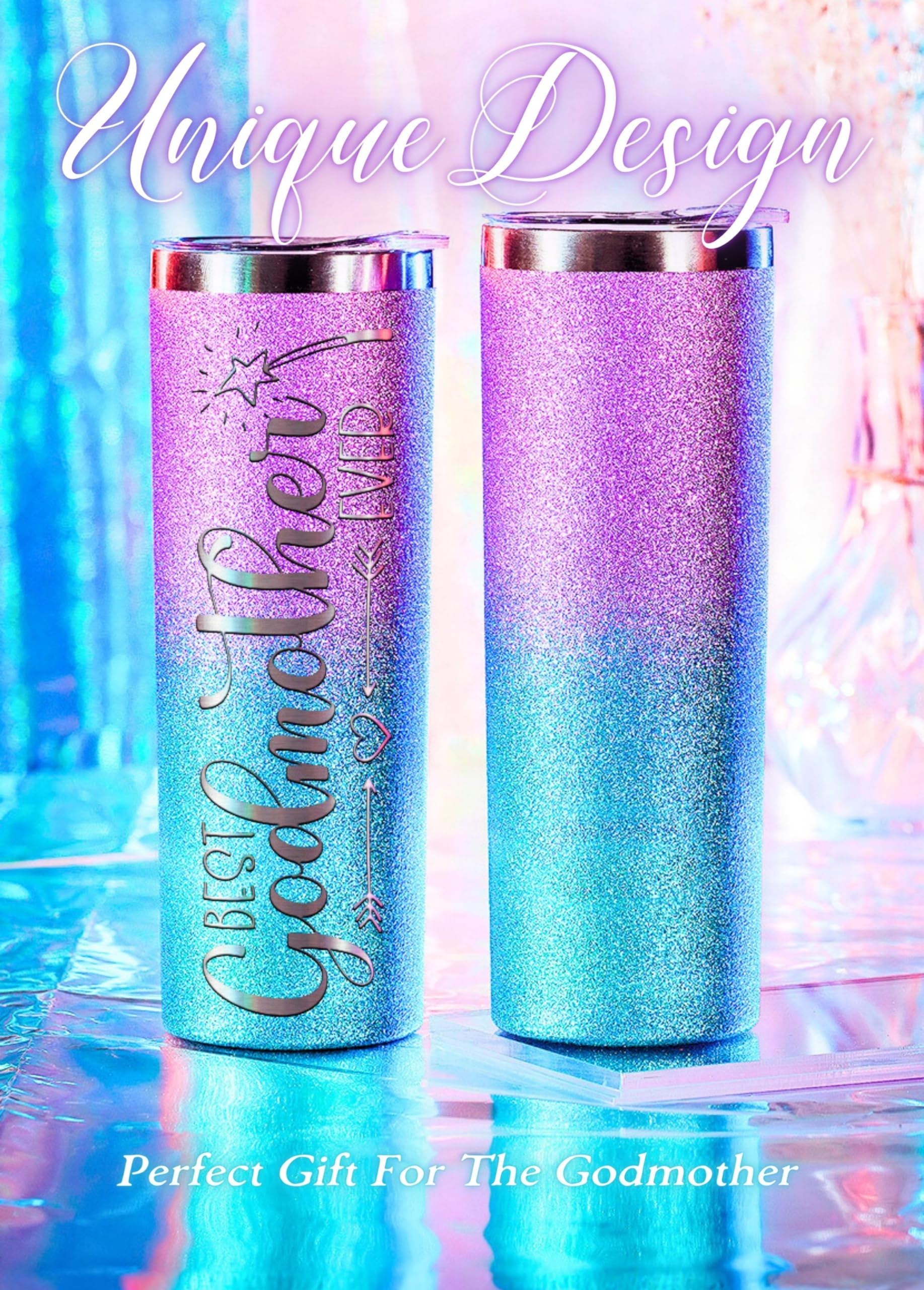 Onebttl Godmother Gifts, Mothers Day Gifts for Godmother, 20 oz Skinny Stainless Steel Tumbler Travel Mug for Best Friend, Aunt, Sister, Best Godmother Ever Glitter Blue Purple