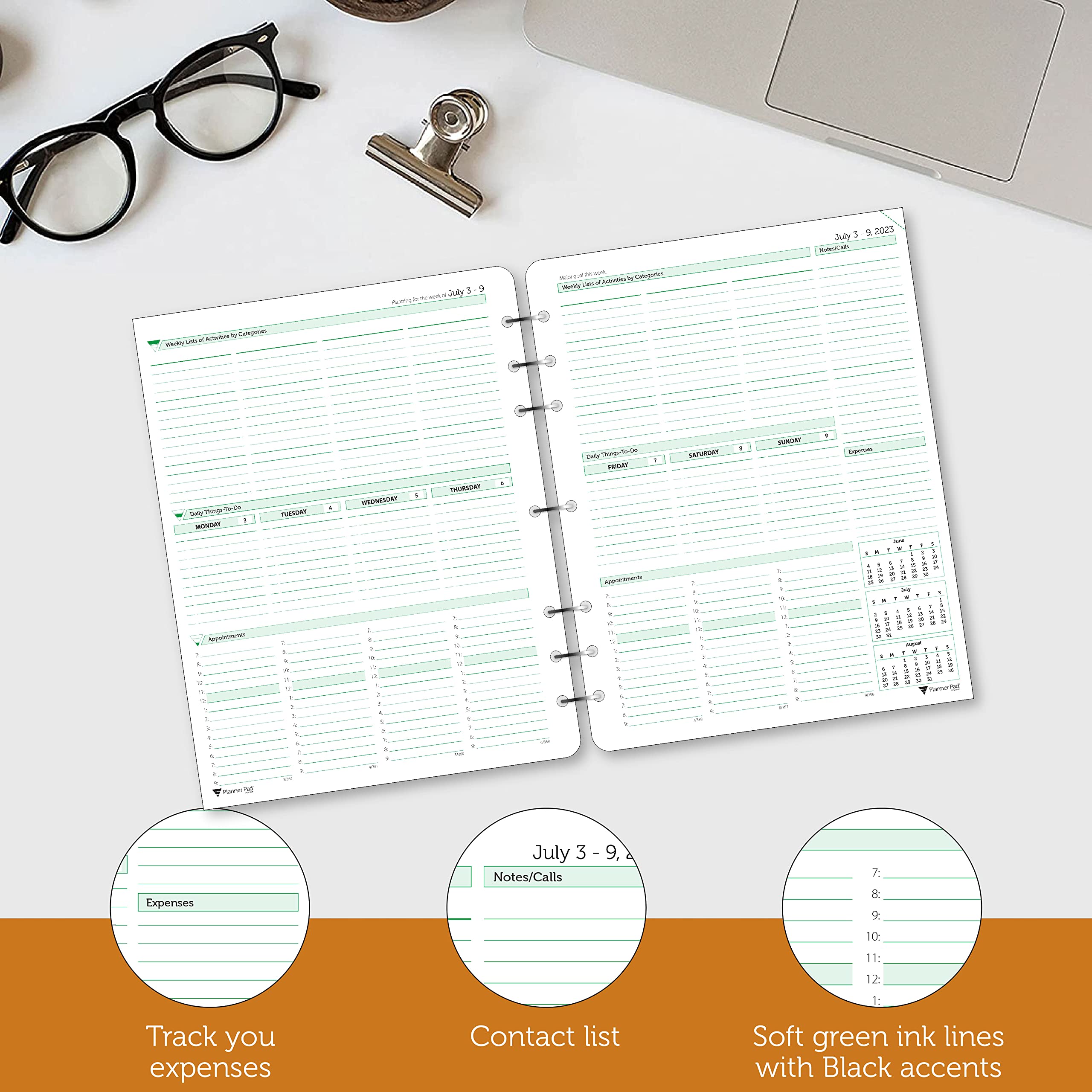 Planner Pad 7 Hole Loose Leaf 3-Tier Funnel Down 12 Month Organizer, July 2023 – June 2024 / Academic Year, Soft Green Ink, 8 1/2" x 11”