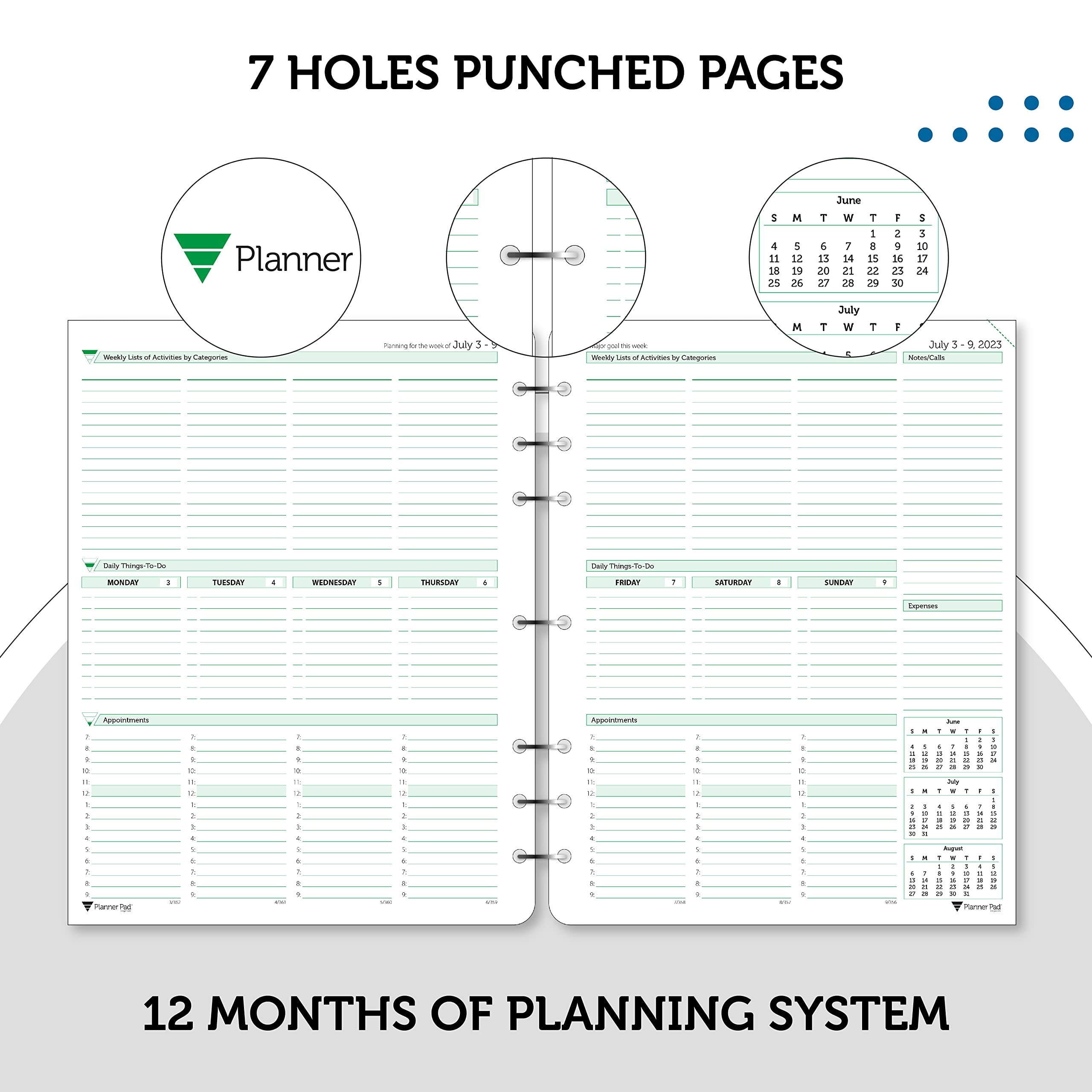 Planner Pad 7 Hole Loose Leaf 3-Tier Funnel Down 12 Month Organizer, July 2023 – June 2024 / Academic Year, Soft Green Ink, 8 1/2" x 11”