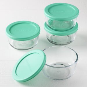 Anchor Hocking 2 Cup Glass Storage Containers with Lids, Set of 4 Glass Food Storage Containers with Mint SnugFit Lids