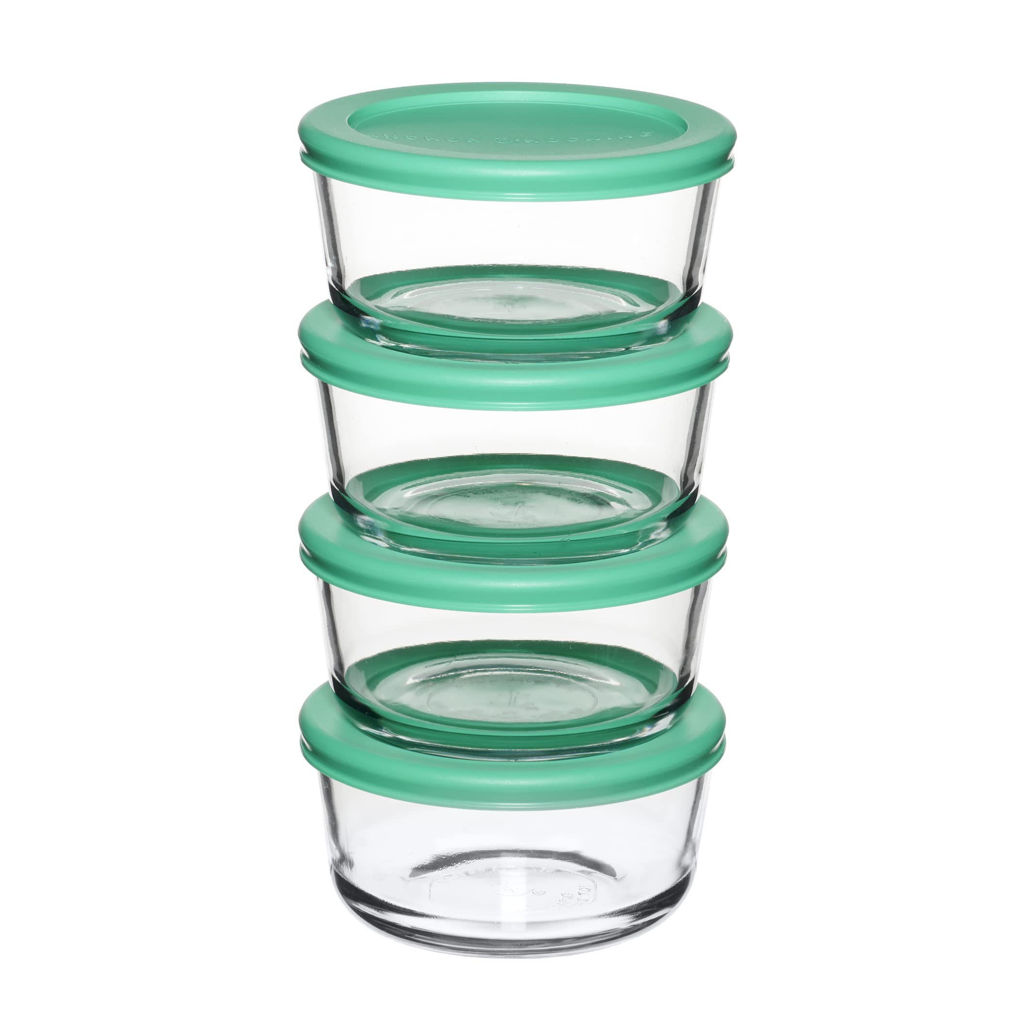 Anchor Hocking 2 Cup Glass Storage Containers with Lids, Set of 4 Glass Food Storage Containers with Mint SnugFit Lids