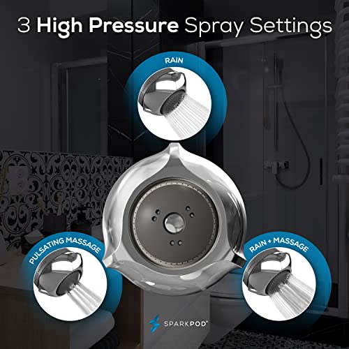 SparkPod 3 Inch Power Pressure Boosting Shower Head - Shower Water Pressure Booster - High Pressure Shower Heads for Low Water Pressure Homes - Rain & Massage 3-Setting Shower Heads (Polished Chrome)