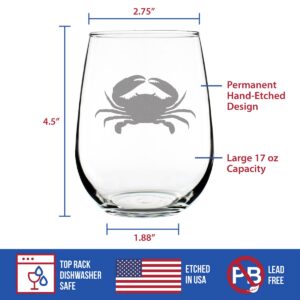 Crab Stemless Wine Glass - Beach Themed Decor and Gifts for Ocean Lovers - Engraved Silhouette - Large 17 Oz Glasses