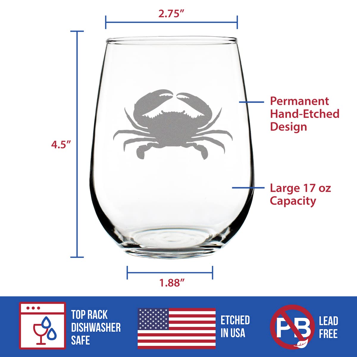 Crab Stemless Wine Glass - Beach Themed Decor and Gifts for Ocean Lovers - Engraved Silhouette - Large 17 Oz Glasses