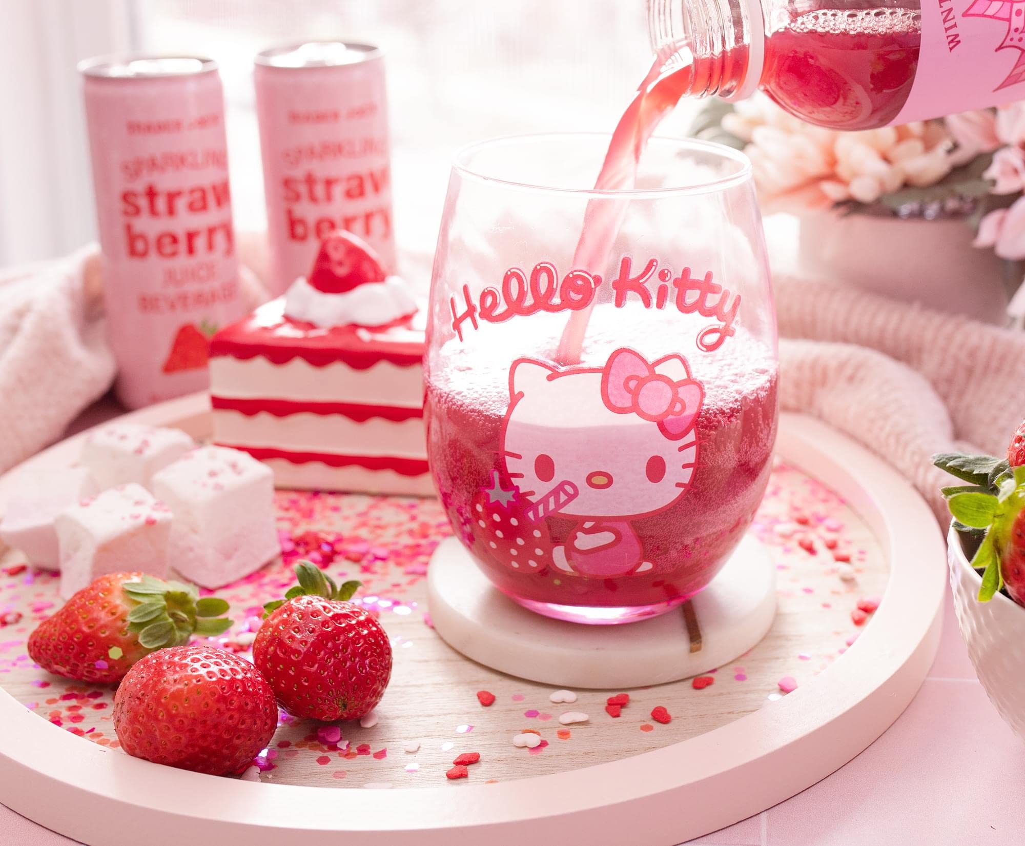 Sanrio Hello Kitty Strawberry Sip Stemless Wine Glass Tumbler Cup For Cocktails | Holds 20 Ounces