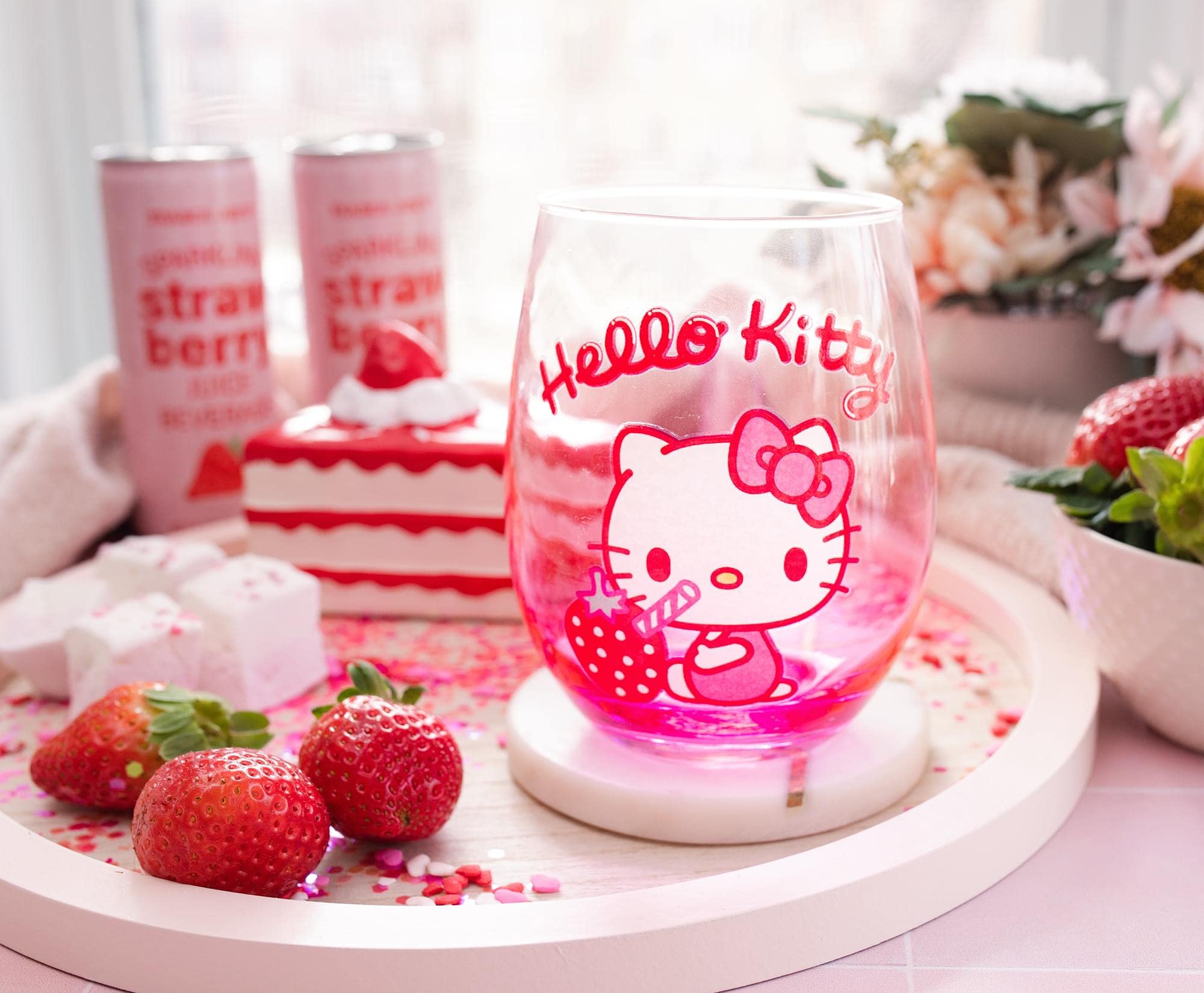 Sanrio Hello Kitty Strawberry Sip Stemless Wine Glass Tumbler Cup For Cocktails | Holds 20 Ounces