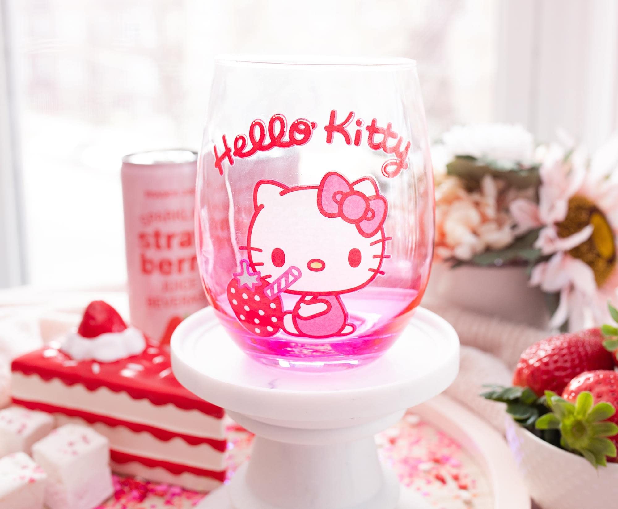 Sanrio Hello Kitty Strawberry Sip Stemless Wine Glass Tumbler Cup For Cocktails | Holds 20 Ounces