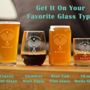 Causing A Racket - Stemless Wine Glass - Funny Tennis Themed Decor and Gifts - Large 17 Oz Glasses