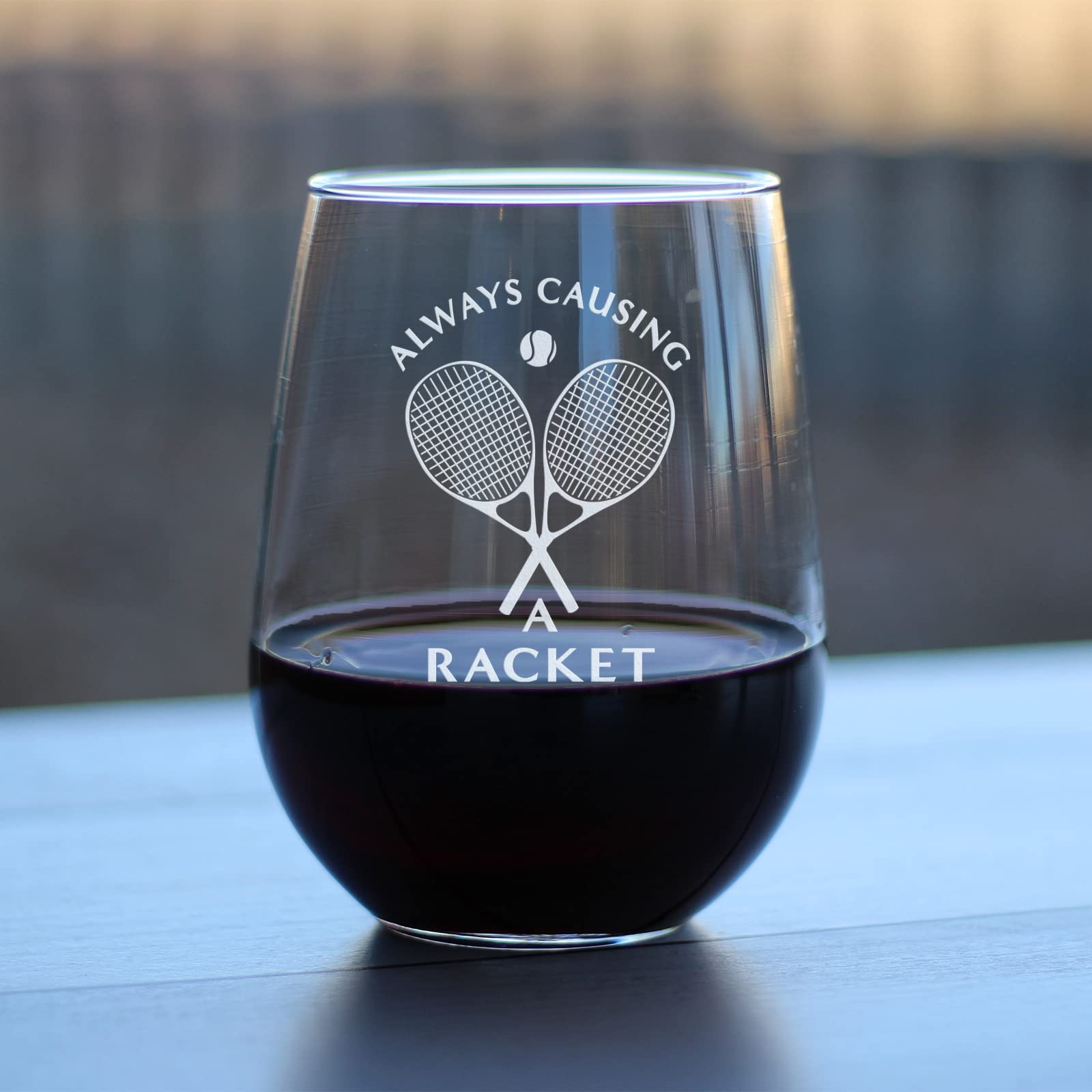 Causing A Racket - Stemless Wine Glass - Funny Tennis Themed Decor and Gifts - Large 17 Oz Glasses