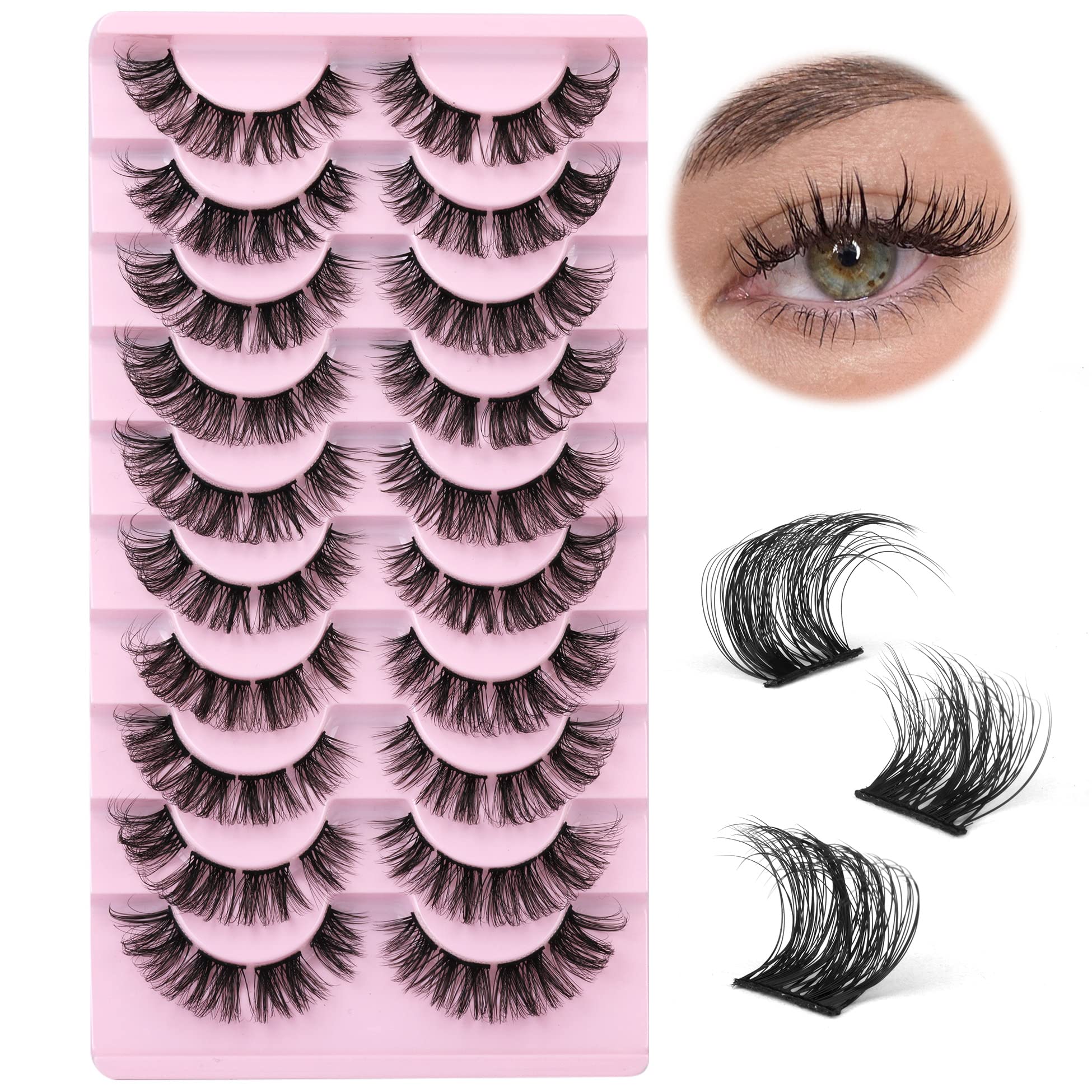 wiwoseo Cluster Lashes Extension Strip Eyelashes Individual Cat Eye Lashes Thick Volume DIY Lashes that Look like Extension Natural Fluffy Faux Mink Lashes 16MM Pestañas Postizas 10 Pairs Pack