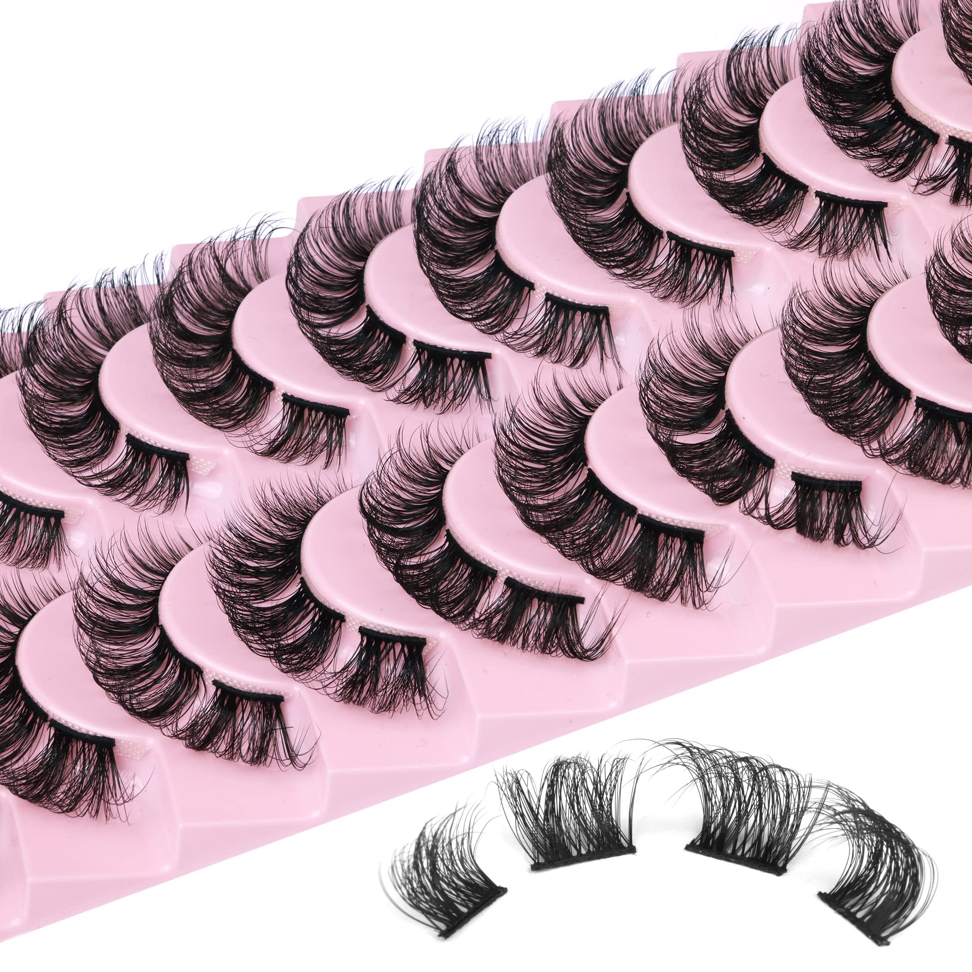 wiwoseo Cluster Lashes Extension Strip Eyelashes Individual Cat Eye Lashes Thick Volume DIY Lashes that Look like Extension Natural Fluffy Faux Mink Lashes 16MM Pestañas Postizas 10 Pairs Pack