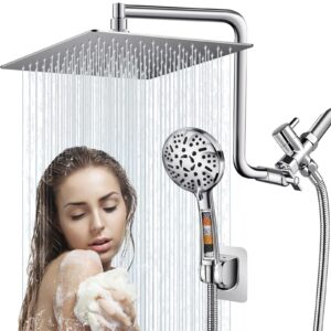 pinwin dual filtered shower head,upgraded 10''rain shower head with 12'' z-shaped adjustable extension arm & 9-setting high pressure handheld shower head combo,shower head filter for hard water,chrome