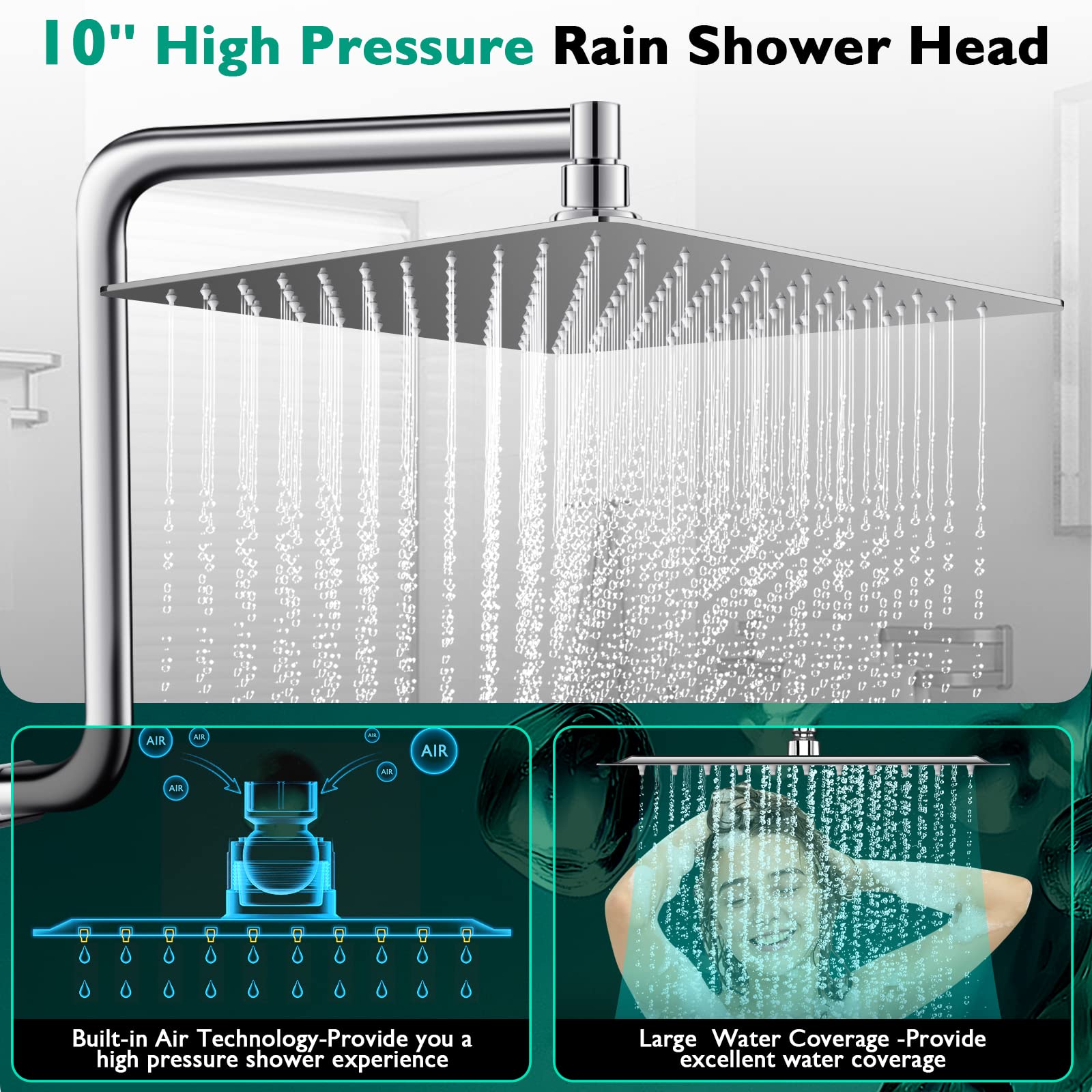 PinWin Dual Filtered Shower Head,Upgraded 10''Rain Shower Head with 12'' Z-Shaped Adjustable Extension Arm & 9-Setting High Pressure Handheld Shower Head Combo,Shower Head Filter for Hard Water,Chrome