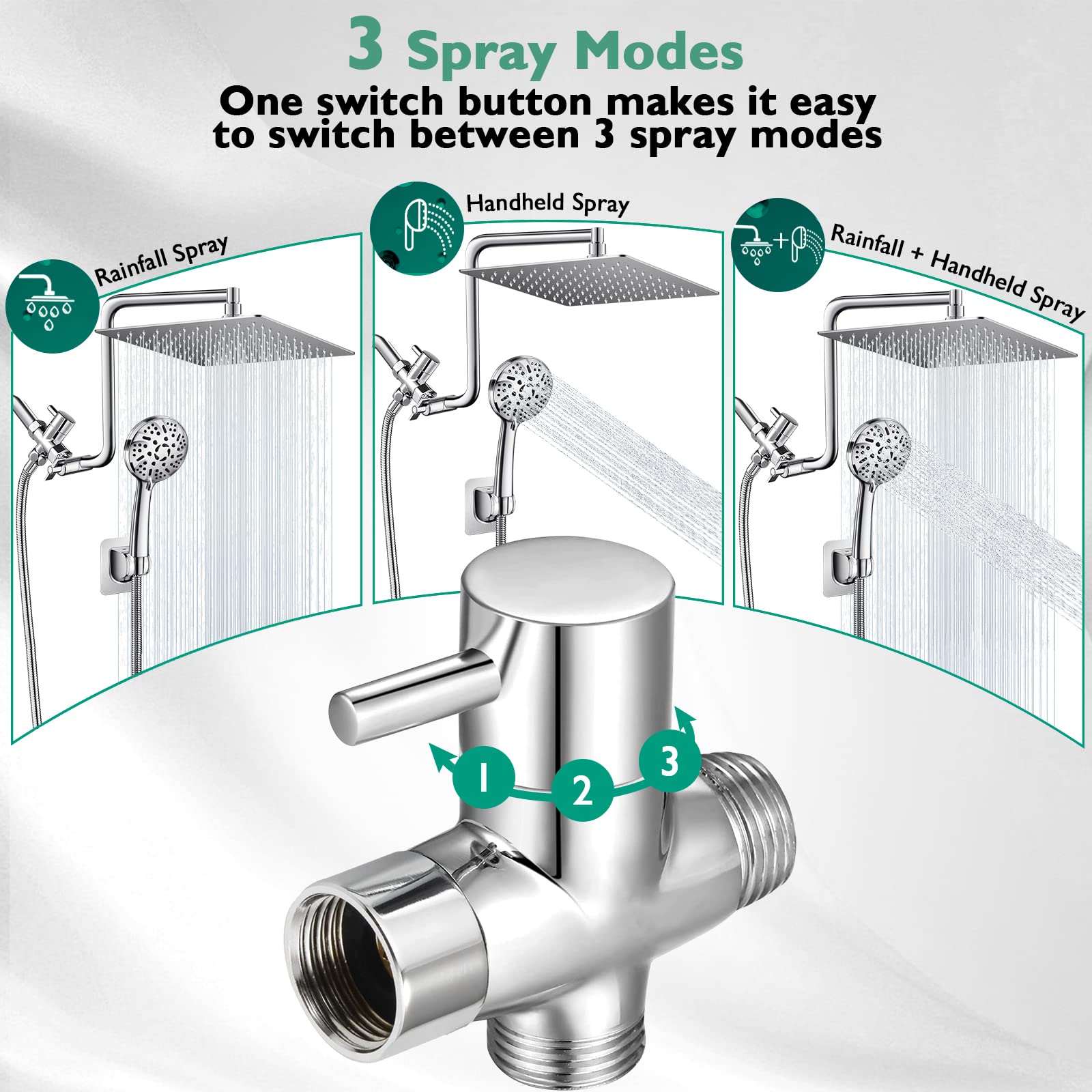 PinWin Dual Filtered Shower Head,Upgraded 10''Rain Shower Head with 12'' Z-Shaped Adjustable Extension Arm & 9-Setting High Pressure Handheld Shower Head Combo,Shower Head Filter for Hard Water,Chrome