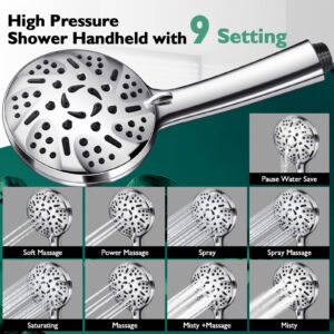 PinWin Dual Filtered Shower Head,Upgraded 10''Rain Shower Head with 12'' Z-Shaped Adjustable Extension Arm & 9-Setting High Pressure Handheld Shower Head Combo,Shower Head Filter for Hard Water,Chrome