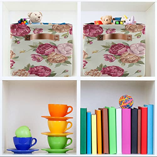 ALAZA Pink Rose Floral Blossom Leaf Foldable Storage Box Storage Basket Organizer Bins with Handles for Shelf Closet Living Room Bedroom Home Office 2 Pack