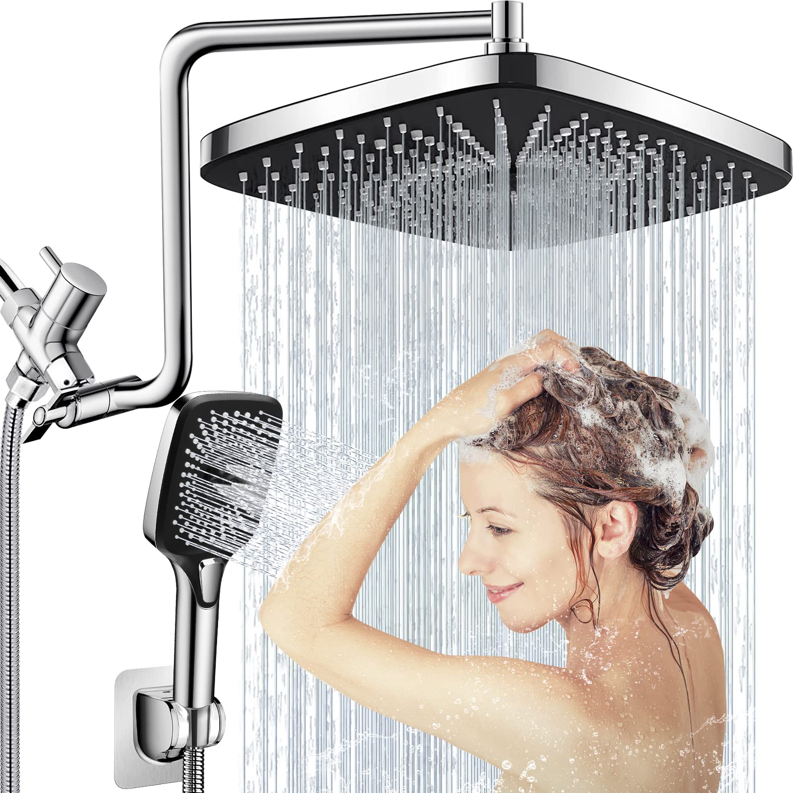 Shower Head with Handheld Combo, 12'' Rectangle Rain Shower Head with Upgraded 12'' Z-Shaped Shower Extension Arm, High Pressure 4 Setting Handheld Shower Head with 60'' Hose, Height/Angle Adjustable