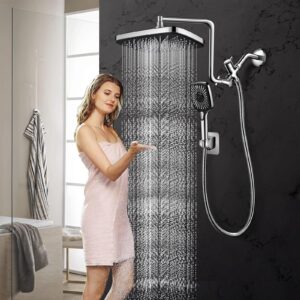 Shower Head with Handheld Combo, 12'' Rectangle Rain Shower Head with Upgraded 12'' Z-Shaped Shower Extension Arm, High Pressure 4 Setting Handheld Shower Head with 60'' Hose, Height/Angle Adjustable