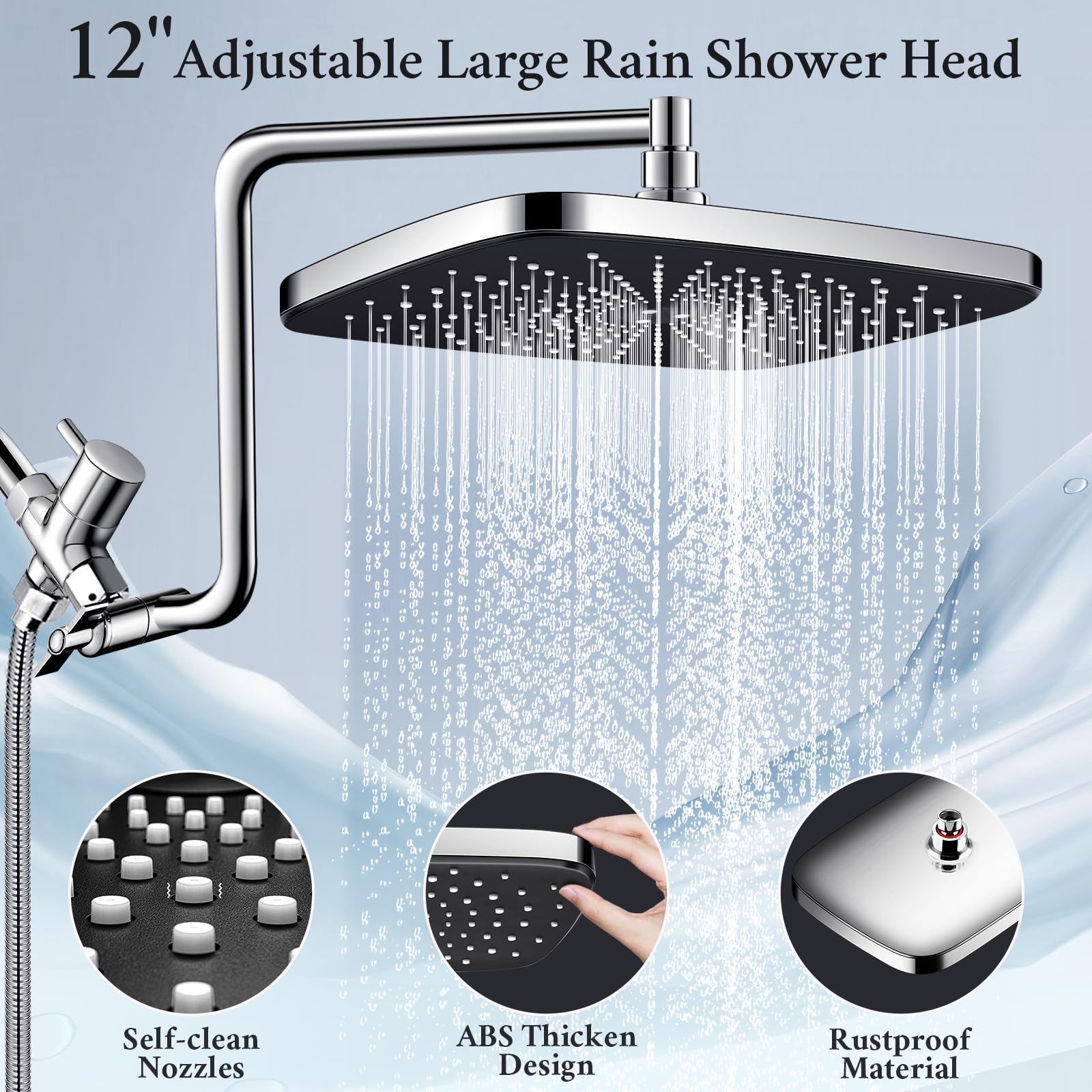 Shower Head with Handheld Combo, 12'' Rectangle Rain Shower Head with Upgraded 12'' Z-Shaped Shower Extension Arm, High Pressure 4 Setting Handheld Shower Head with 60'' Hose, Height/Angle Adjustable